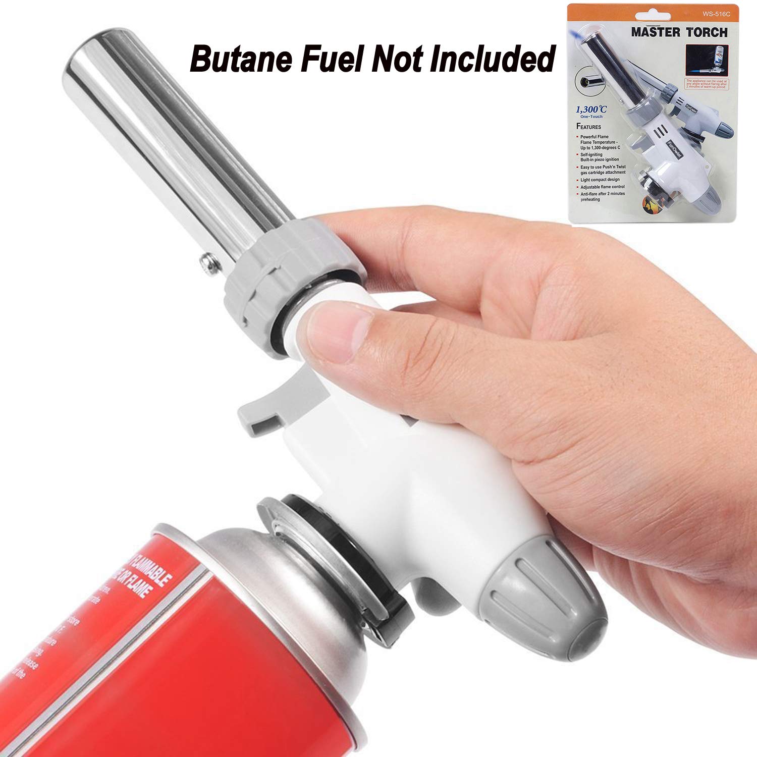 FunOwlet Butane Torch Lighter + Butane Torch Head, Culinary Torches Chef Cooking Professional Adjustable Flame with Reverse Use for Creme, Brulee, BBQ, Baking, Jewelry