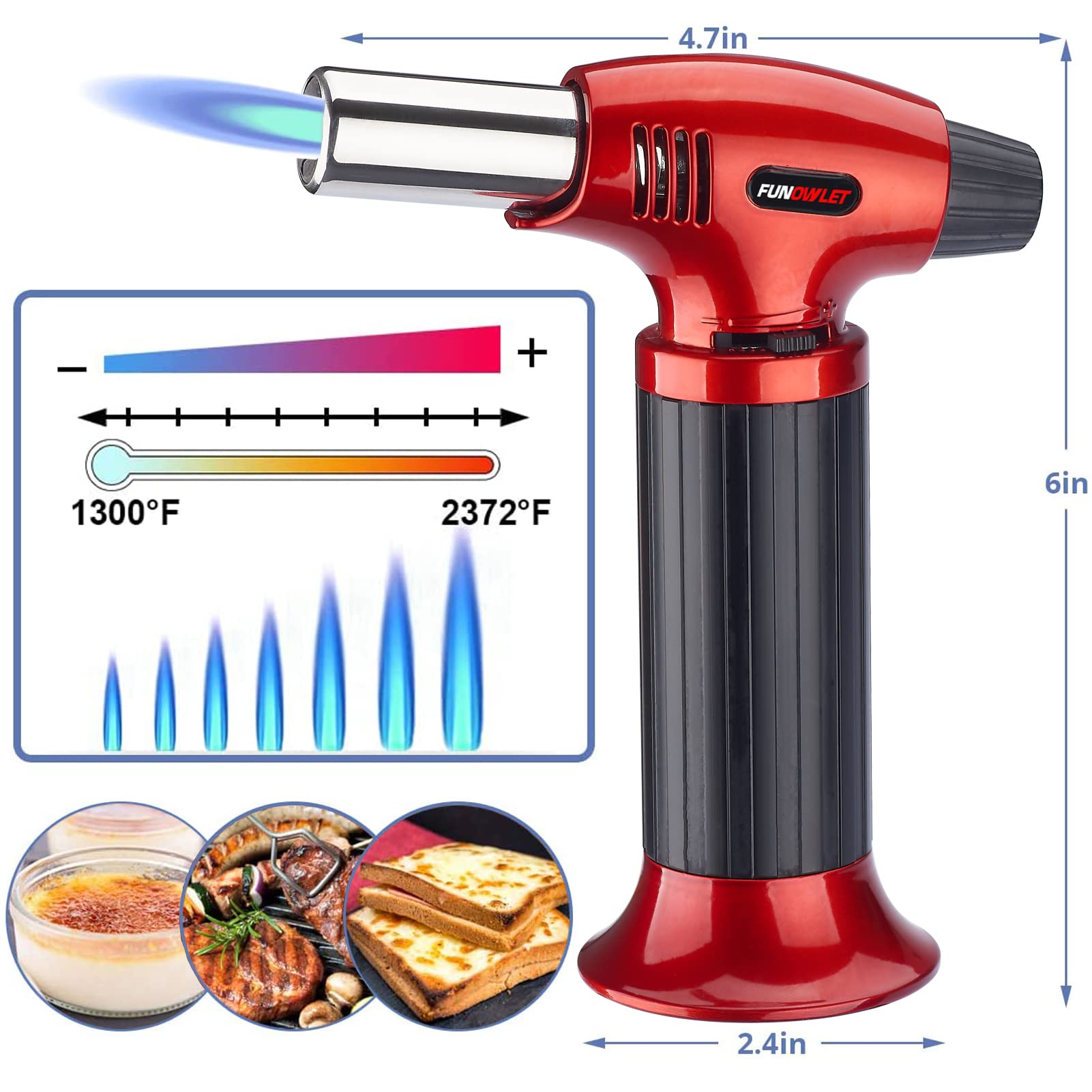 FunOwlet Butane Torch Lighter + Butane Torch Head, Culinary Torches Chef Cooking Professional Adjustable Flame with Reverse Use for Creme, Brulee, BBQ, Baking, Jewelry