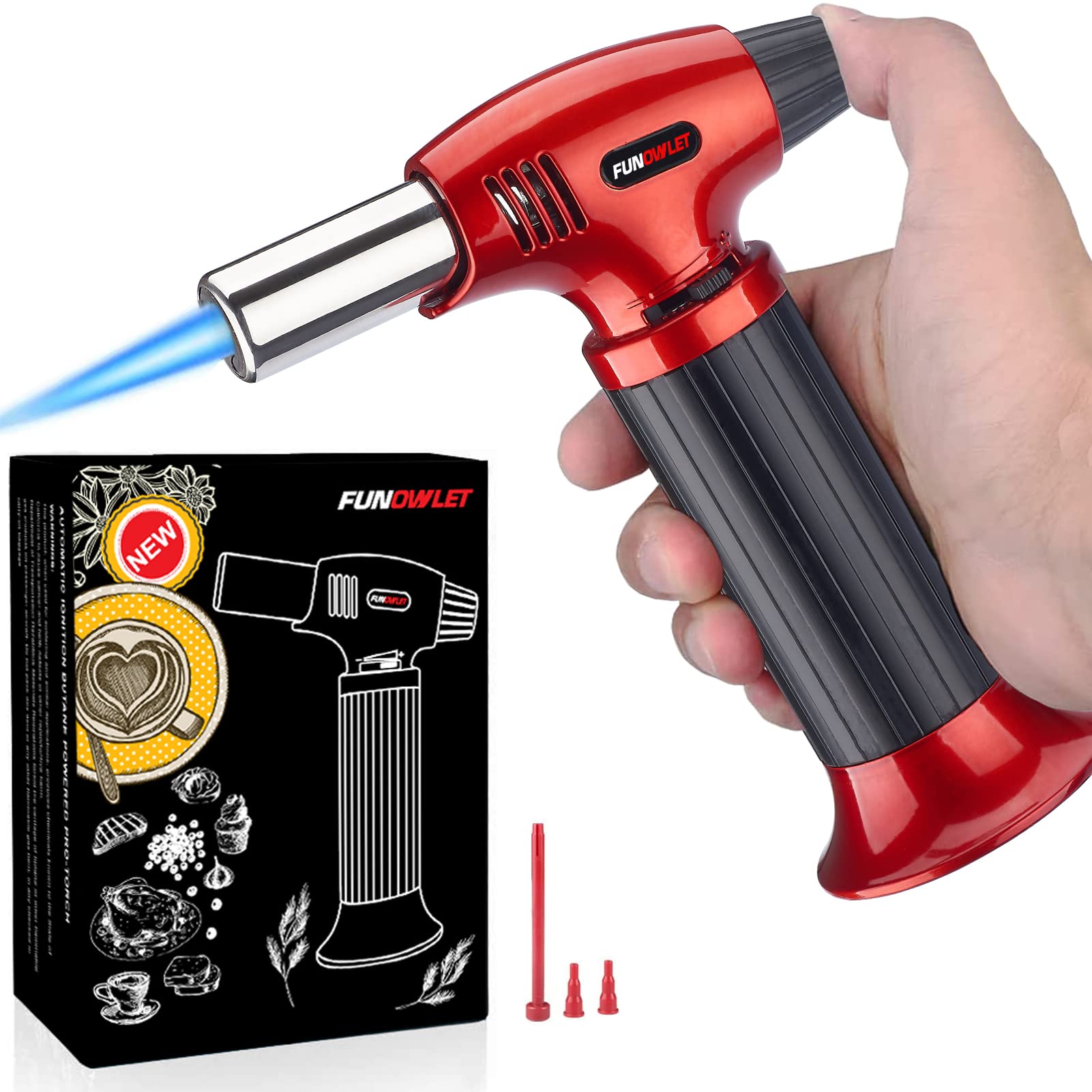 FunOwlet Butane Torch Lighter + Butane Torch Head, Culinary Torches Chef Cooking Professional Adjustable Flame with Reverse Use for Creme, Brulee, BBQ, Baking, Jewelry