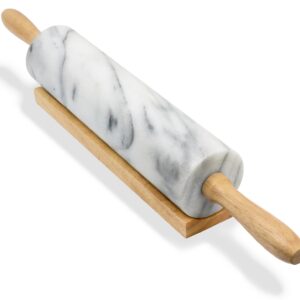 Greenco Hand Crafted Nonstick Marble Rolling Pin with Wood Handles on Wooden Board Resting Base | Dough, Pastry, Bread, Tortilla, and Pizza Roller Pins | Baking and Kitchen Supplies