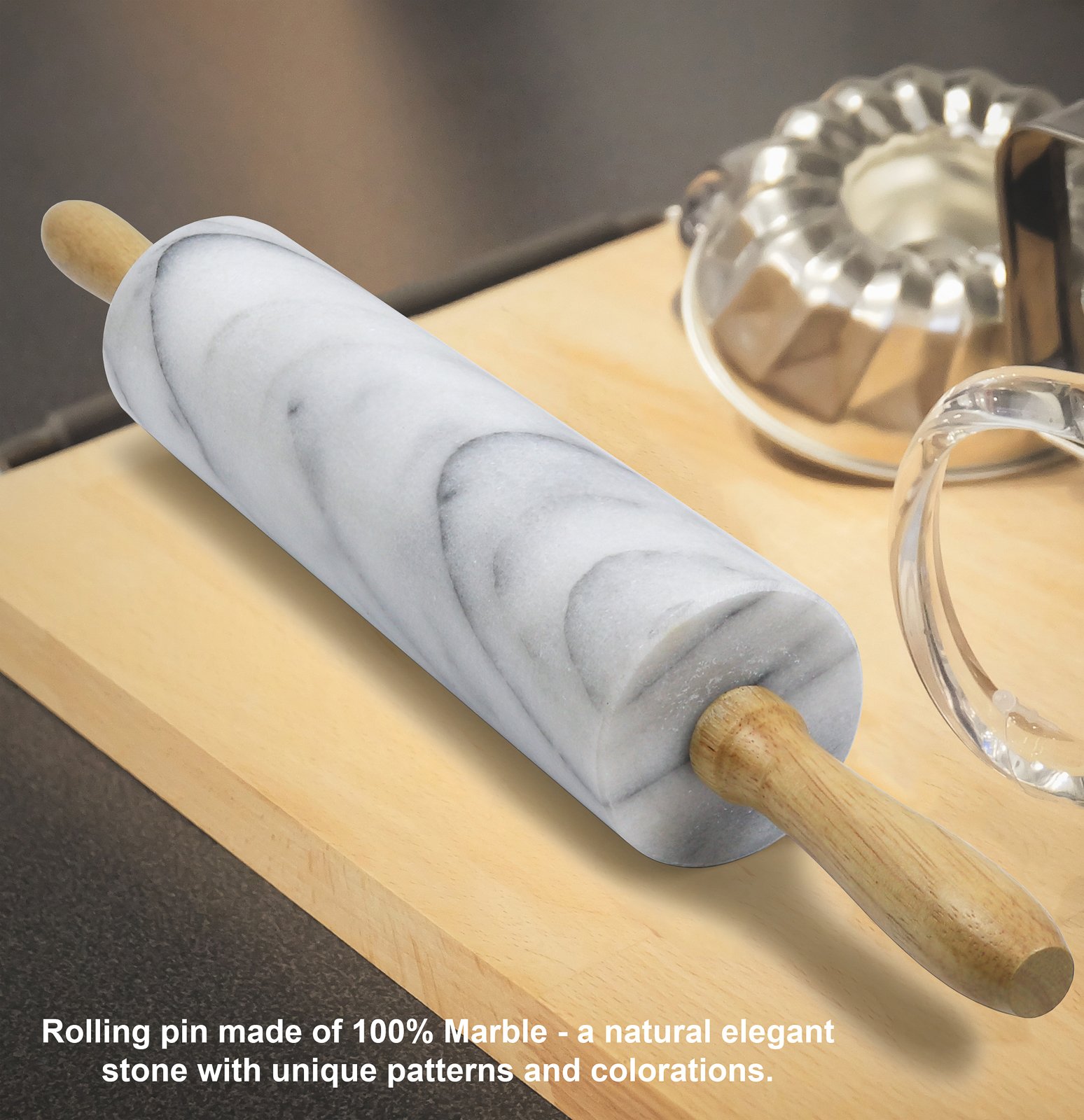 Greenco Hand Crafted Nonstick Marble Rolling Pin with Wood Handles on Wooden Board Resting Base | Dough, Pastry, Bread, Tortilla, and Pizza Roller Pins | Baking and Kitchen Supplies