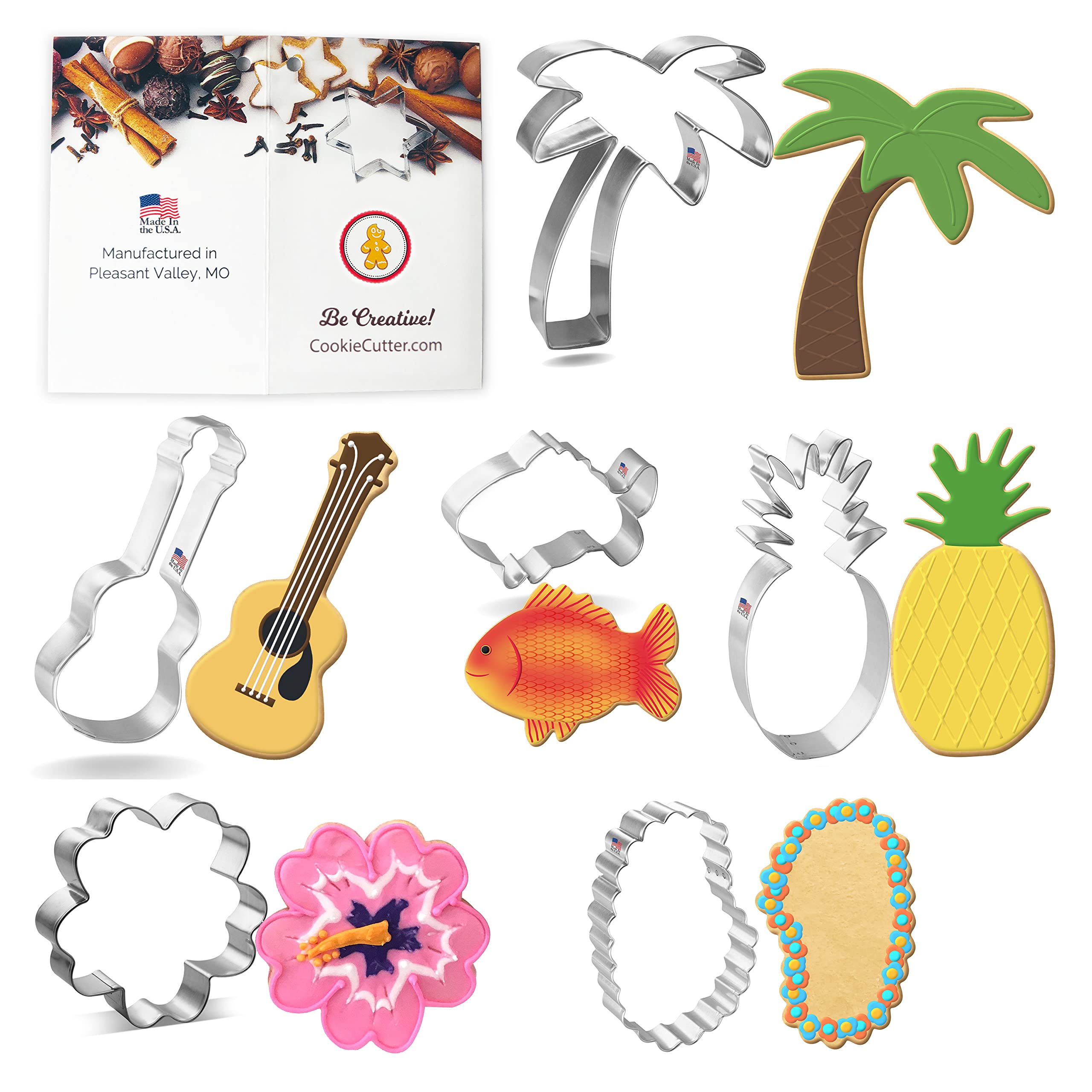 Foose Cookie Cutters 6 Piece Tropical Set 5.25" Guitar, 5" Palm Tree, 5.25" Pineapple, 3.75" Hibiscus, 3.5" Fish, 4" Lei, USA Made