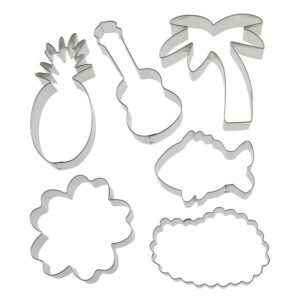 Foose Cookie Cutters 6 Piece Tropical Set 5.25" Guitar, 5" Palm Tree, 5.25" Pineapple, 3.75" Hibiscus, 3.5" Fish, 4" Lei, USA Made