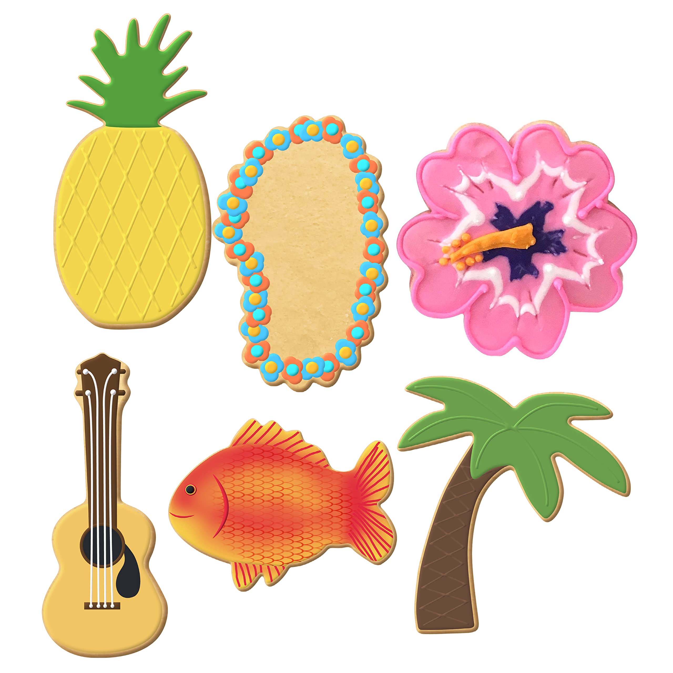 Foose Cookie Cutters 6 Piece Tropical Set 5.25" Guitar, 5" Palm Tree, 5.25" Pineapple, 3.75" Hibiscus, 3.5" Fish, 4" Lei, USA Made