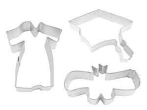 ncs graduation cookie cutter set - gown 4", cap 4.5", diploma 4" - 3 piece - tinplated steel