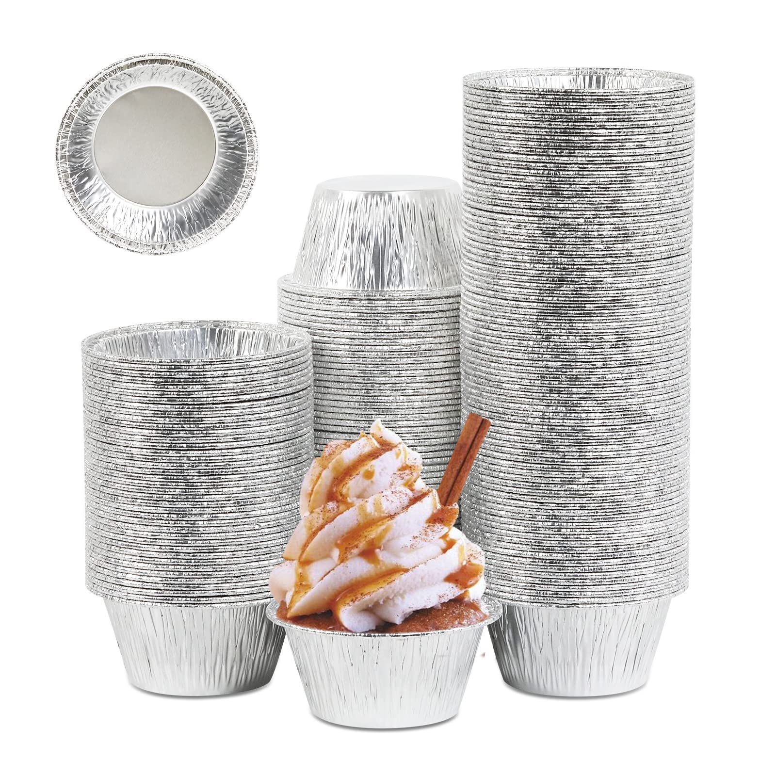 Mateebake Aluminum Foil Baking Cups, Disposable Ramekin 3 Oz Silver Foil Cupcake liners, 200 Pcs Aluminum Baking Cups Egg Tart Liners for Baking, Cupcake, Pudding, Muffin , Creme Brulee