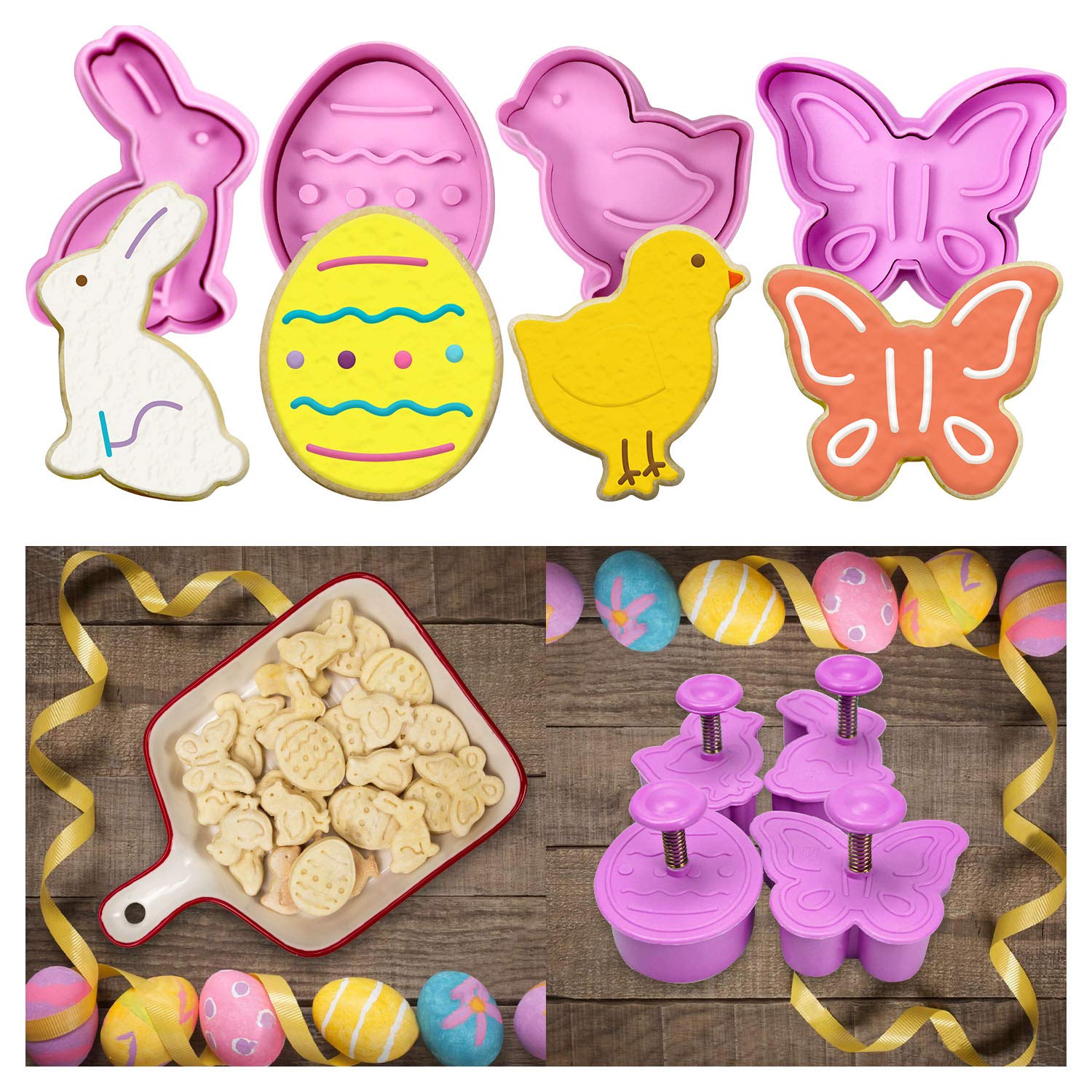 Mini 3D Easter Cookie Cutters Set, Easter Fondant Biscuit Pastry Cookie Cutter Stamp, Spring Spring-Loaded Handle Cutter Shape with Easter Eggs, Bunny, Chick, Butterfly (4 PCS)