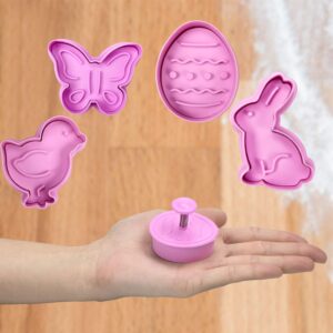 Mini 3D Easter Cookie Cutters Set, Easter Fondant Biscuit Pastry Cookie Cutter Stamp, Spring Spring-Loaded Handle Cutter Shape with Easter Eggs, Bunny, Chick, Butterfly (4 PCS)