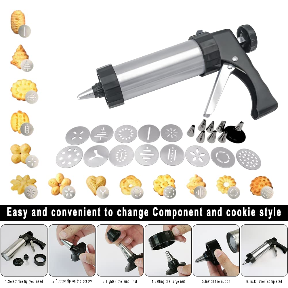 aHzleeM Cookie Press Gun Cupcake Filler Injector Stainless Steel DIY Biscuit Cookie Pastry Gun for Cake Decorating 25 PCS