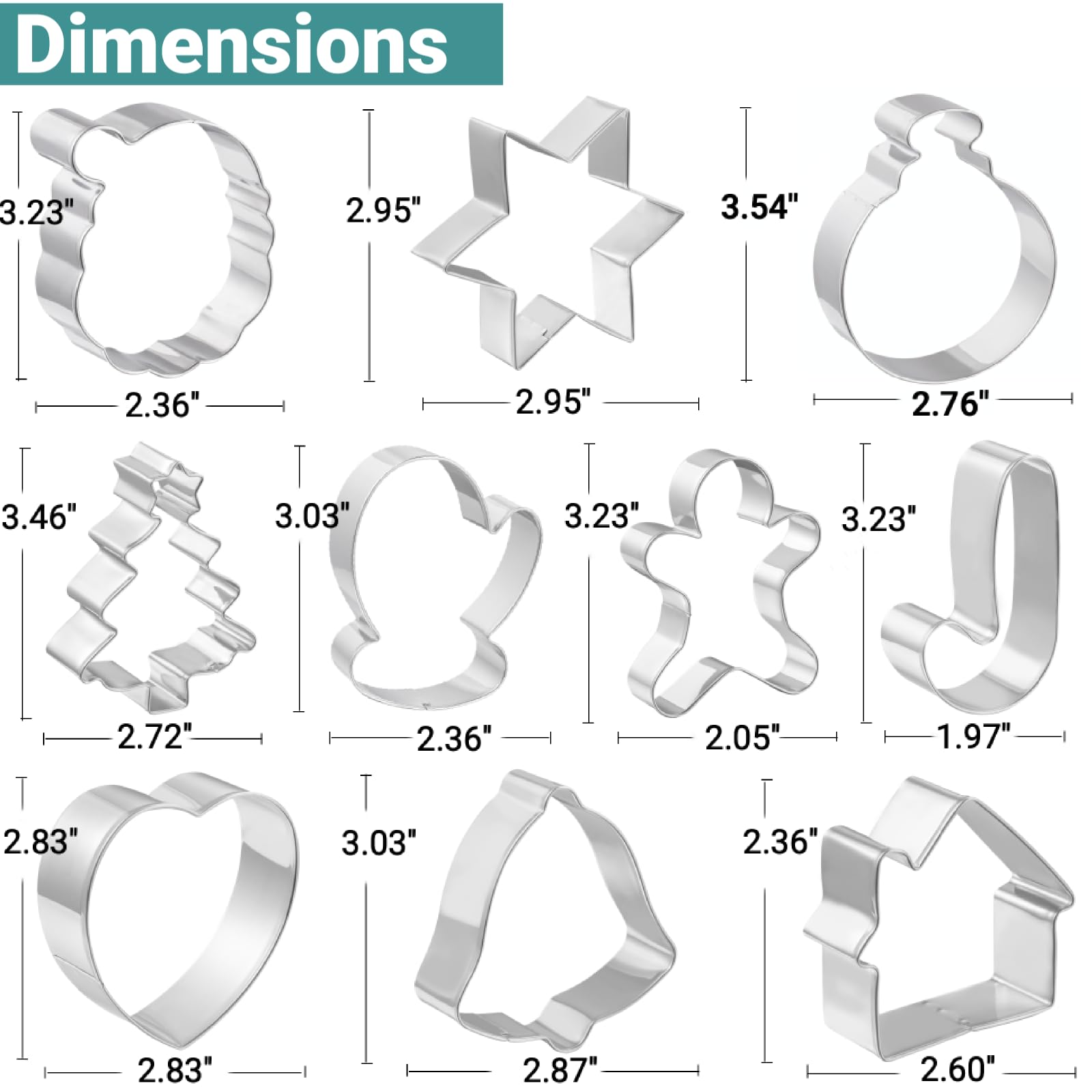 JOB JOL Cookie Cutters 10 PCS, Christmas Cookie Cutter Set, 3'' to 3.5''