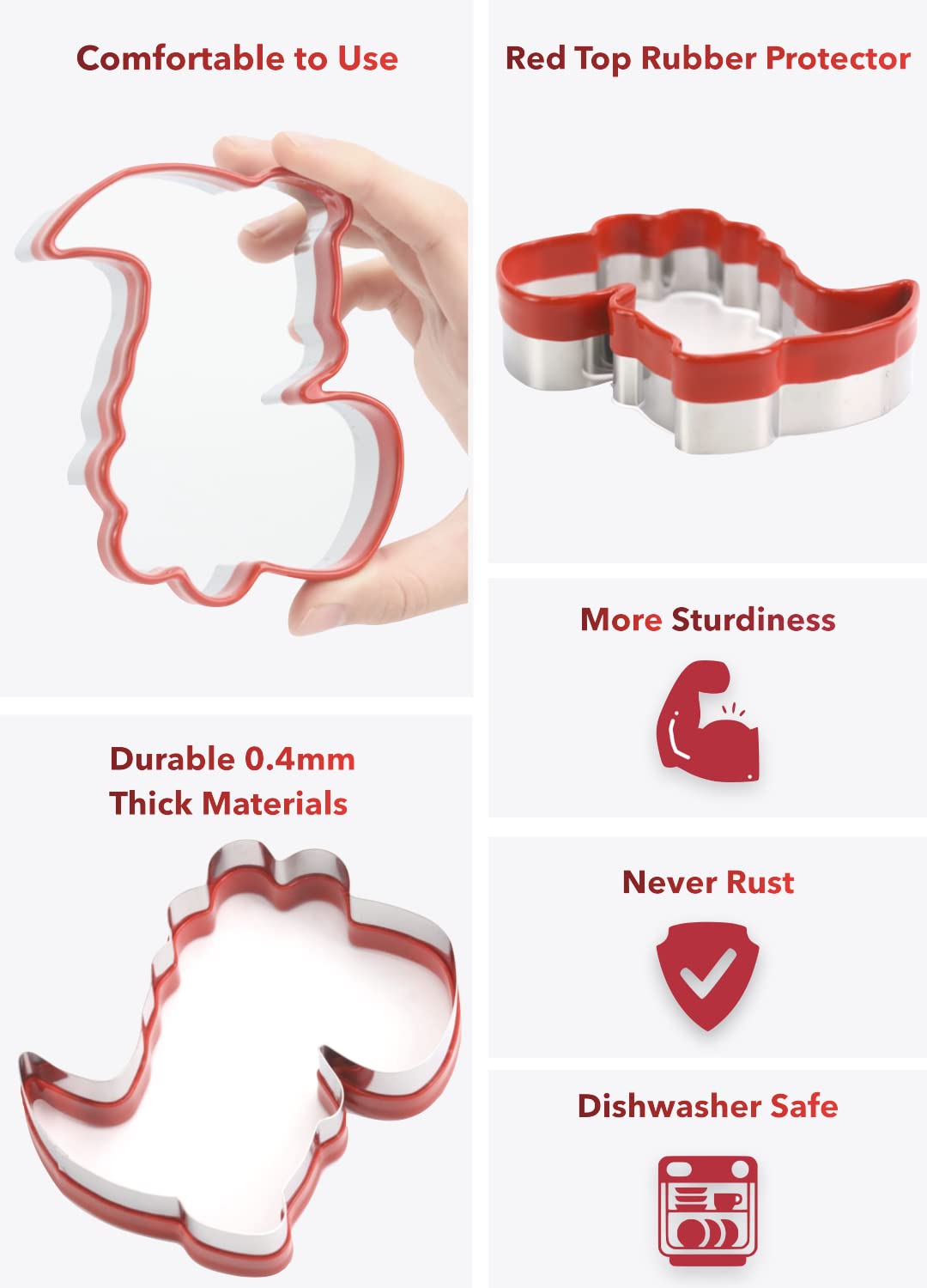 Dinosaur Cookie Cutter 5“, Dinosaur Biscuit Cutter, Cookie Cutter for Baking, Cookie Cutter for Kids, Metal Cookie Cutter Coated with Red Top Rubber for Protection