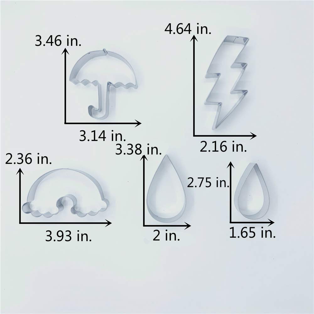 LILIAO Weather Rainy Day Cookie Cutter Set - 5 Piece - Flash, Rainbow, Umbrella, Raindrops Large and Small Size - Stainless Steel