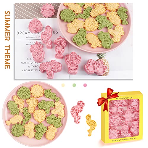 Flamingo Cookie Cutters with Stamper Set, 8-PCS 3D Summer Theme Cookie Cutters Set for Kids Birthday Party and Festival