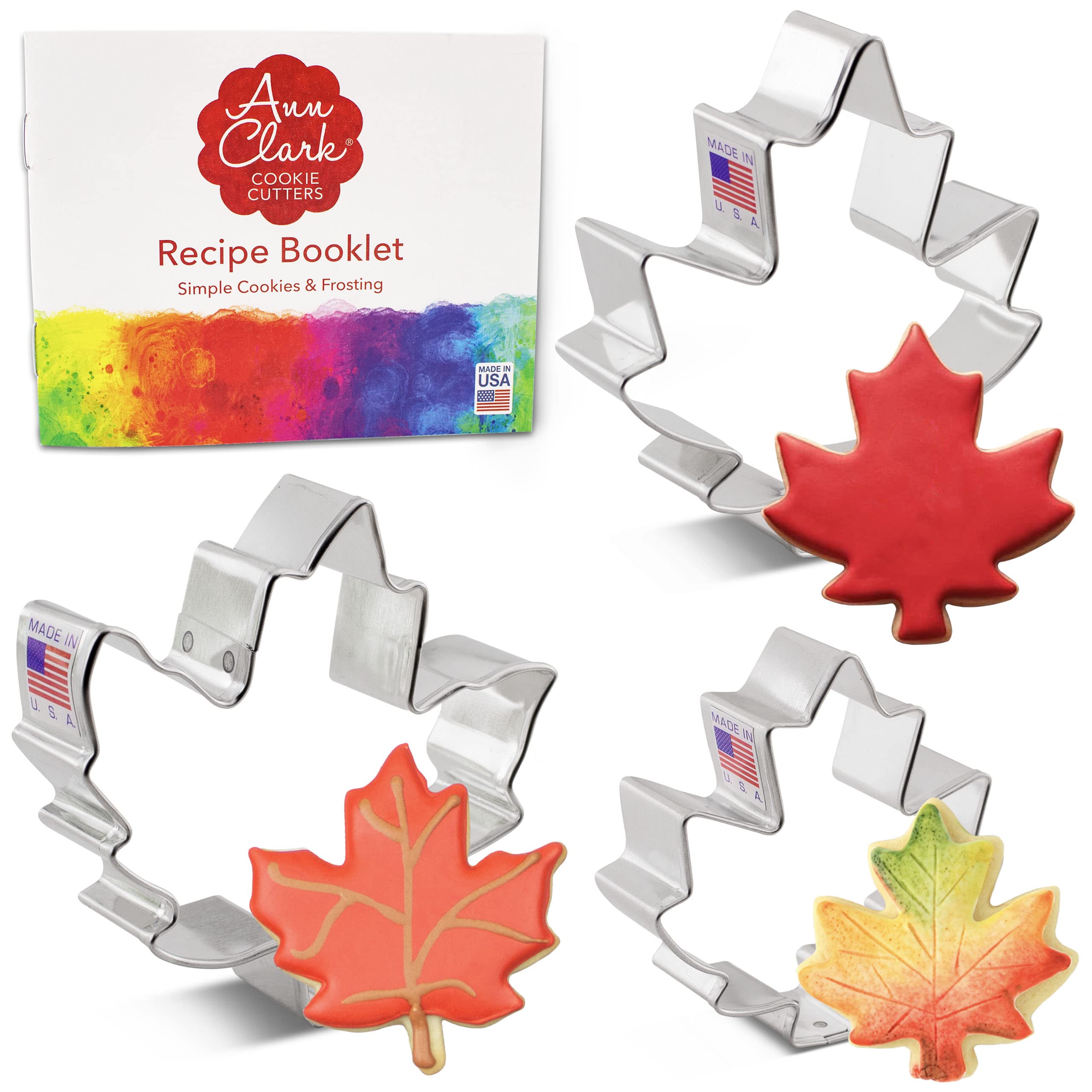 Maple Leaf Cookie Cutters 3-Pc. Set Made in the USA by Ann Clark, 3", 3.25", 4"