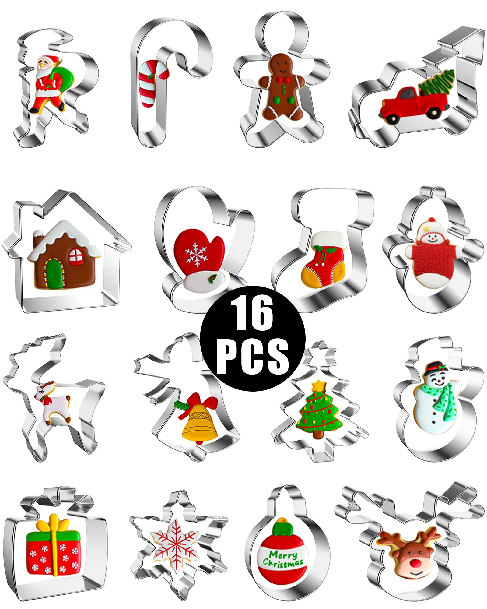 16 Pcs Christmas Cookie Cutters Winter Set with Decorating Instructions Stainless Steel Gingerbread Man Tree Snowflake Candy Cane Santa Snowman And More