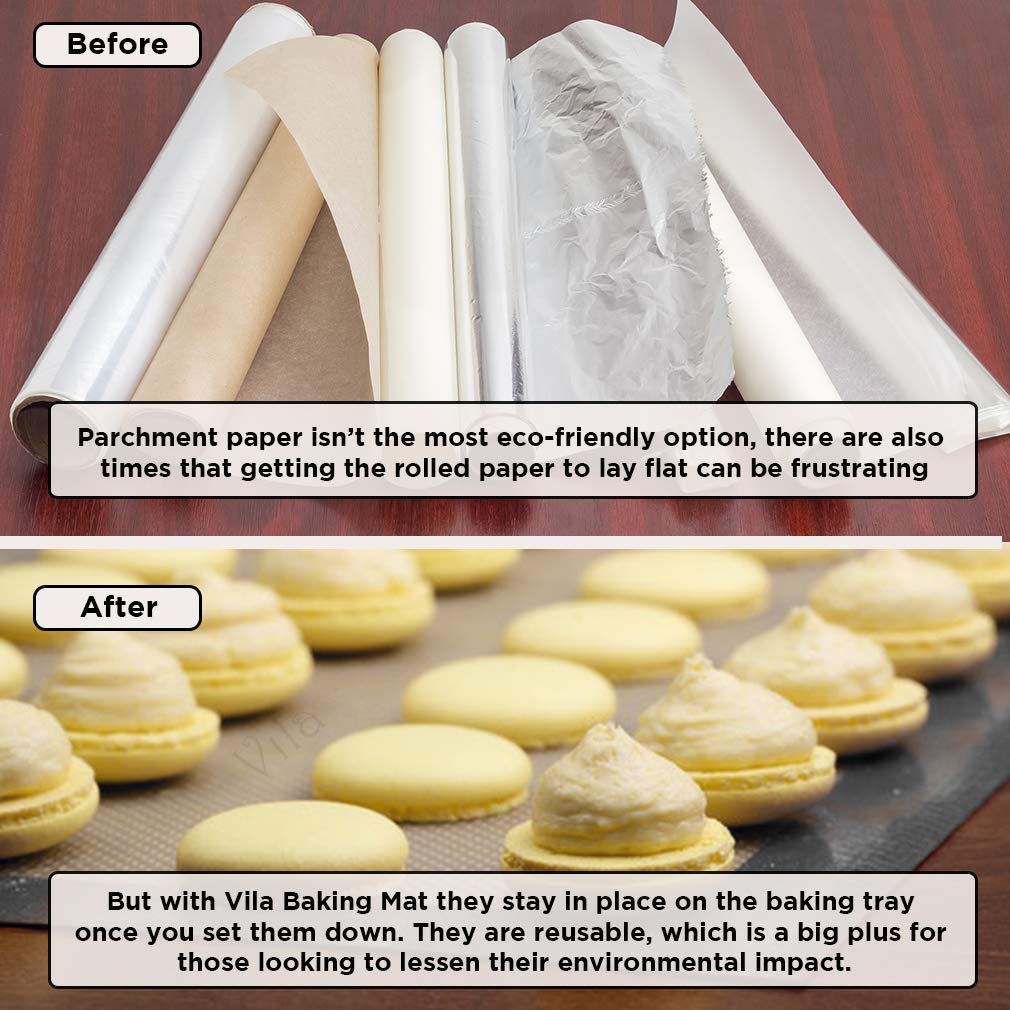 Vila 2 Pack Baking Mats, 12” x 17”, Tray Pan Liner for Healthy Dishes, Reusable Non-Stick Cookie Sheets, Perfect for Macarons, Dog, Cat, Parrot Treats, Pastry, Bread, Bun making