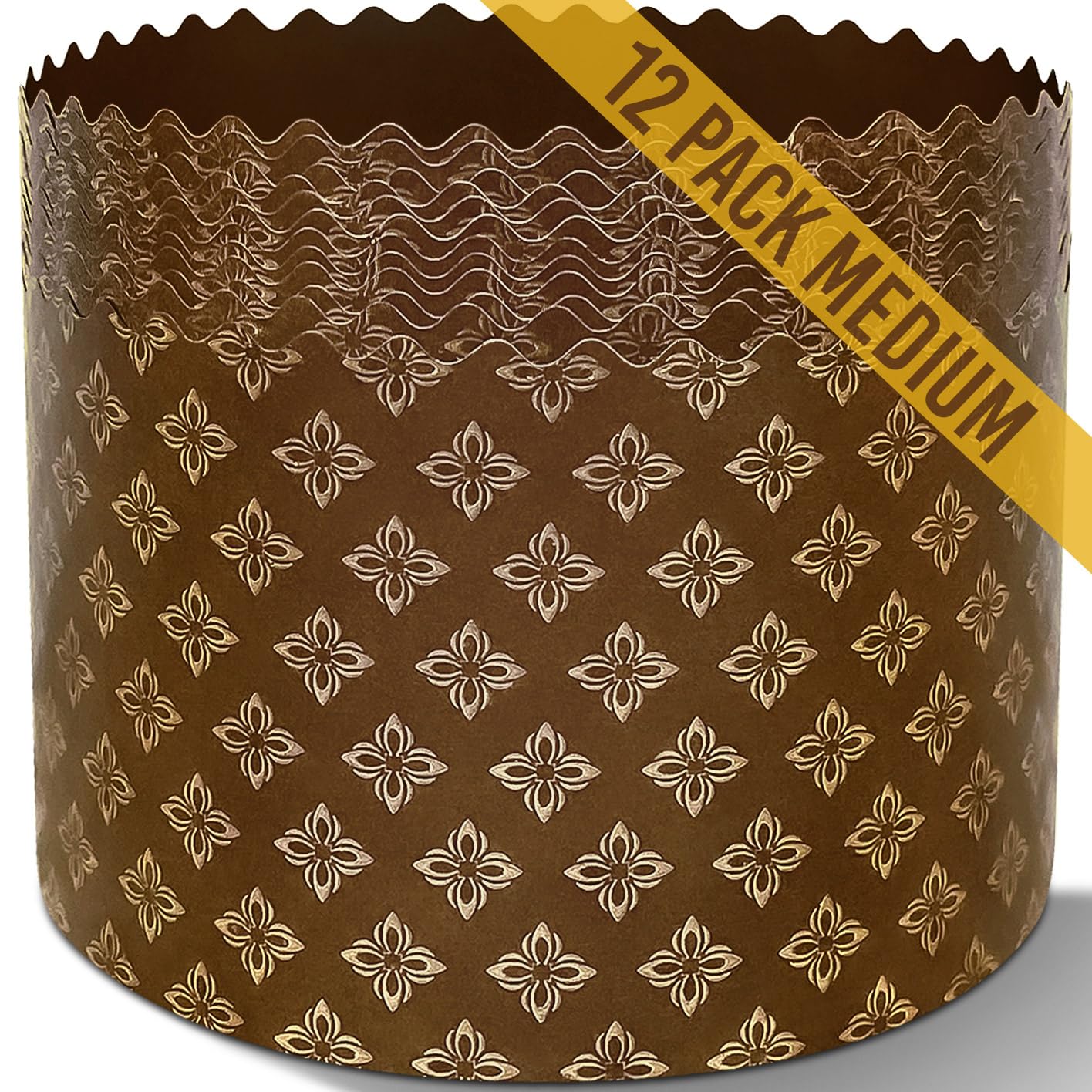 Geborilma Panettone Paper Mold - Deluxe Brown and Gold Easter Bread Baking Paper Forms for Baking Paska 1 kg - H 3.5 inch x W 5 inch - Pack of 12 Pandoro Mold