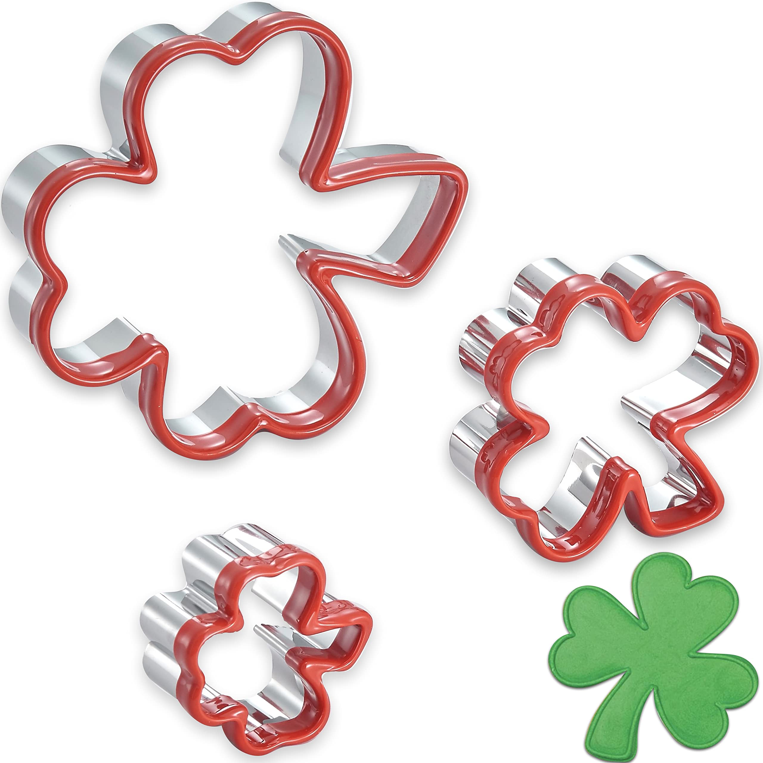 3 Pcs Clover Cookie Cutter Set 4.1" 3" 1.8", St. Patrick's Day Irish Shamrock Holiday Stainless Steel Cookie Cutter, Coated with Soft PVC for Protection