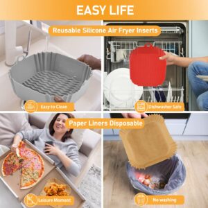 JVJRFQ Square Silicone Air Fryer Liners 8 inch with Paper Liners Disposable for 4 to 7 QT, 2-Pack Reusable Silicone Air Fryer Inserts for Oven Microwave Accessories