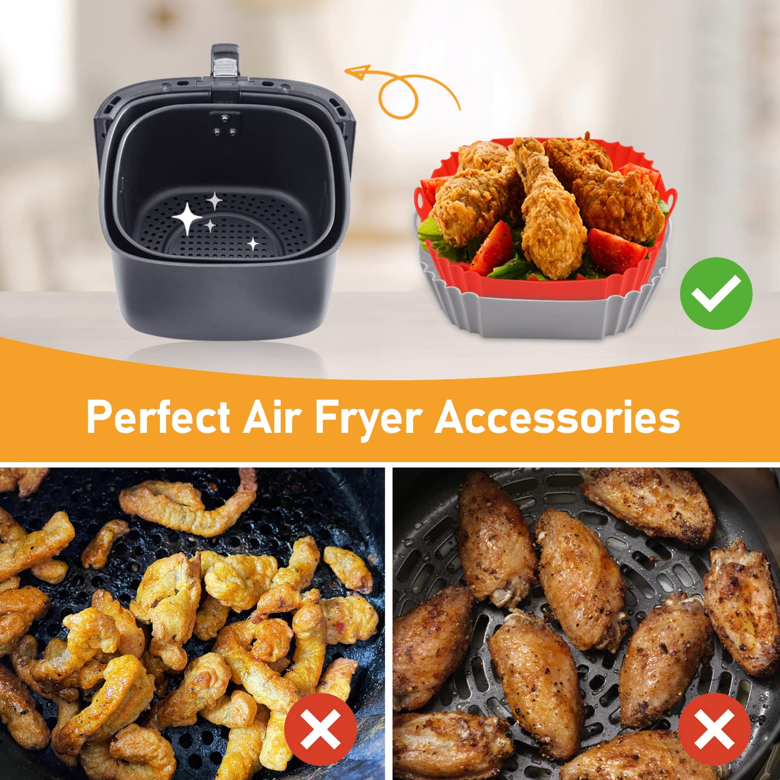 JVJRFQ Square Silicone Air Fryer Liners 8 inch with Paper Liners Disposable for 4 to 7 QT, 2-Pack Reusable Silicone Air Fryer Inserts for Oven Microwave Accessories