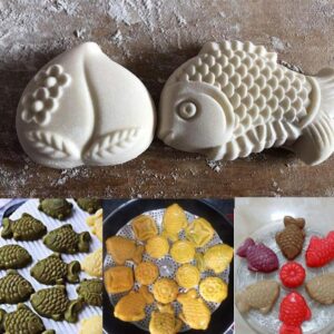 Wood Moon Cake Mold Chinese Traditional Mid-autumn Festival Moon Cake Mold Fish Shou Tao 2 Capacities Wooden Baking Mold for Moon Cake Cookie Pumpkin Pie,with Handle