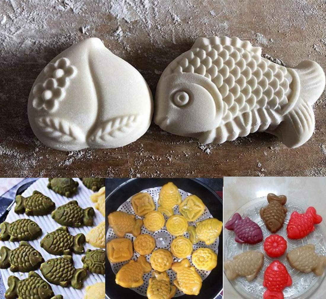 Wood Moon Cake Mold Chinese Traditional Mid-autumn Festival Moon Cake Mold Fish Shou Tao 2 Capacities Wooden Baking Mold for Moon Cake Cookie Pumpkin Pie,with Handle