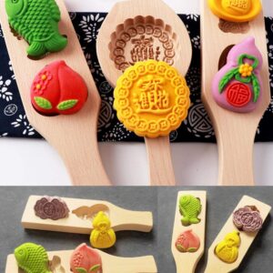 Wood Moon Cake Mold Chinese Traditional Mid-autumn Festival Moon Cake Mold Fish Shou Tao 2 Capacities Wooden Baking Mold for Moon Cake Cookie Pumpkin Pie,with Handle