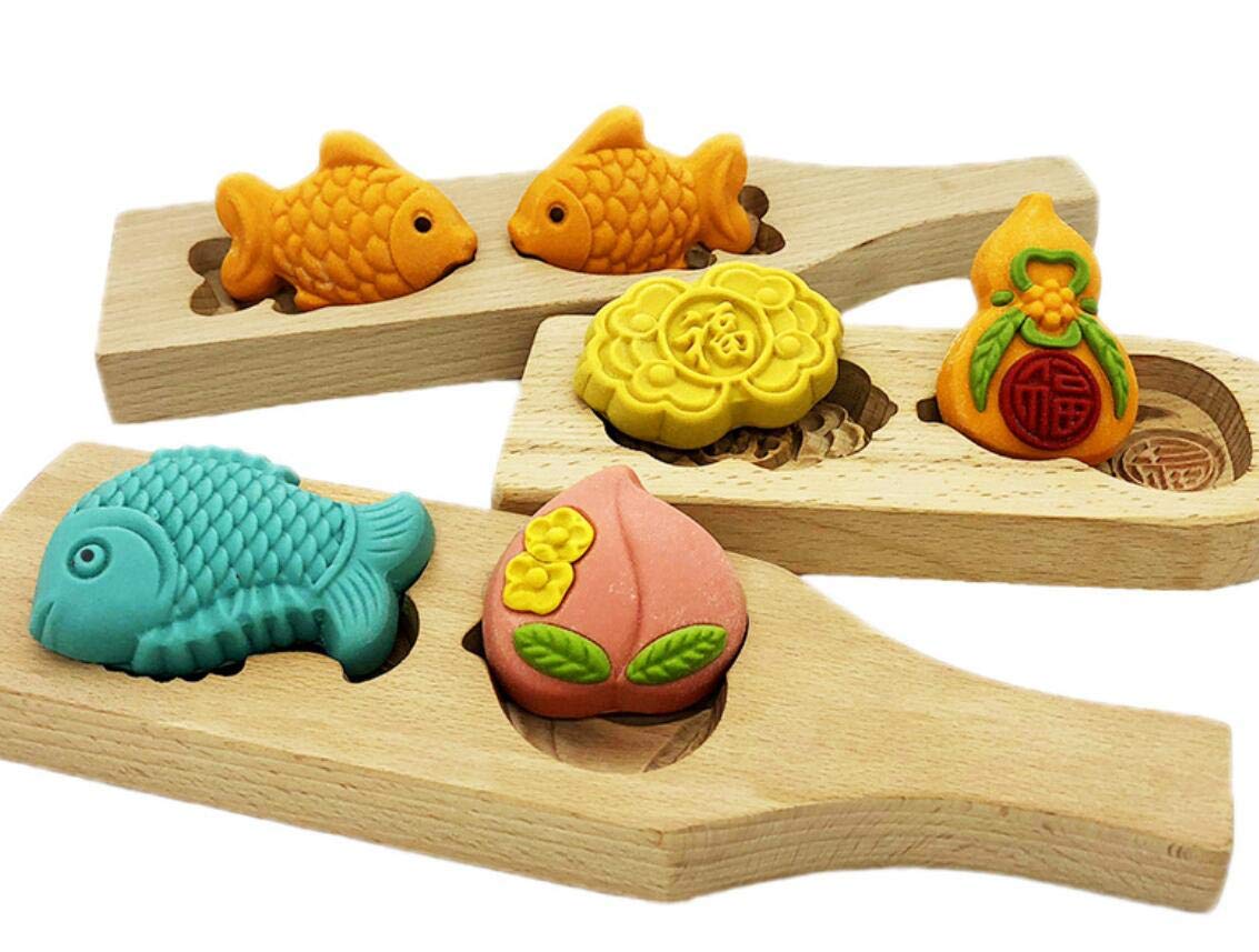 Wood Moon Cake Mold Chinese Traditional Mid-autumn Festival Moon Cake Mold Fish Shou Tao 2 Capacities Wooden Baking Mold for Moon Cake Cookie Pumpkin Pie,with Handle