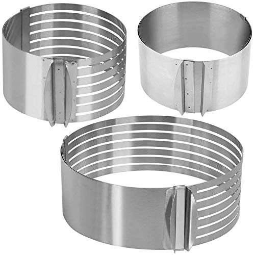 KEILEOHO Layer Cake Slicer Set, 2 PCS Stainless Steel Adjustable 7 Layered Bread Cutter Ring with Respective Diameter of 6-8 Inches and 9-12 Inches 3.4 Inches High and 1 PCS Adjustable Biscuit Cutter