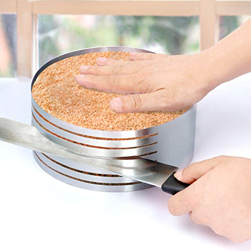 KEILEOHO Layer Cake Slicer Set, 2 PCS Stainless Steel Adjustable 7 Layered Bread Cutter Ring with Respective Diameter of 6-8 Inches and 9-12 Inches 3.4 Inches High and 1 PCS Adjustable Biscuit Cutter