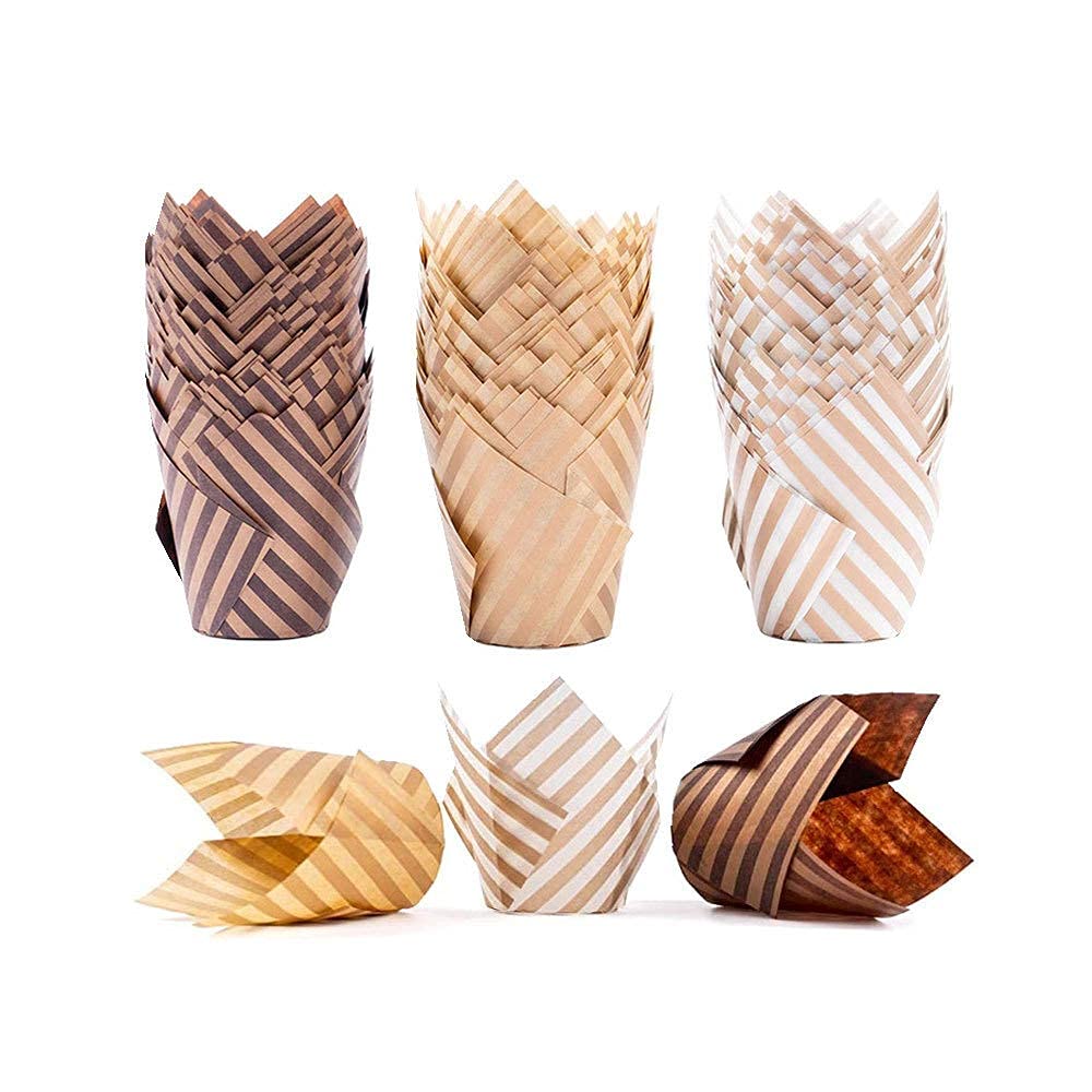 Baking Paper Cups Cupcake Liners Tulip Baking Paper Cups 100 Pcs Natural Stripes Tulip Style Baking Wrappers Muffin Cups-Muffin Wrappers Grease-Proof for Wedding Birthday Party