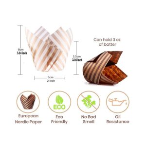 Baking Paper Cups Cupcake Liners Tulip Baking Paper Cups 100 Pcs Natural Stripes Tulip Style Baking Wrappers Muffin Cups-Muffin Wrappers Grease-Proof for Wedding Birthday Party