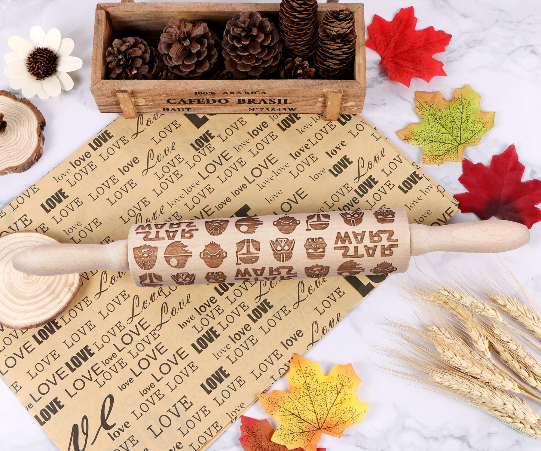 Embossed Wooden Rolling Pins,Evermarket Engraved Embossing Rolling Pin with Star Fighter Pattern for Baking Embossed Cookies,Cute Rolling Pin Kitchen Tool for Kids and Adults