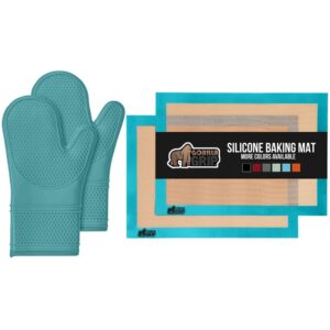 gorilla grip silicone oven mitts set of 2 and silicone baking mats set of 2, silicone oven mitts are 14.5 inch, quarter sheet silicone baking mats, both in turquoise color, 2 item bundle