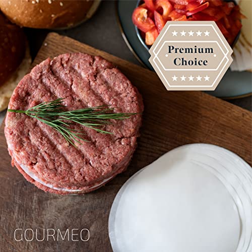 GOURMEO Round Parchment Paper Set for Hamburger - 500 Air Fryer Liners for Tortilla and Mini Burger - 5 inch Non-Stick Patty Press Paper for Butcher