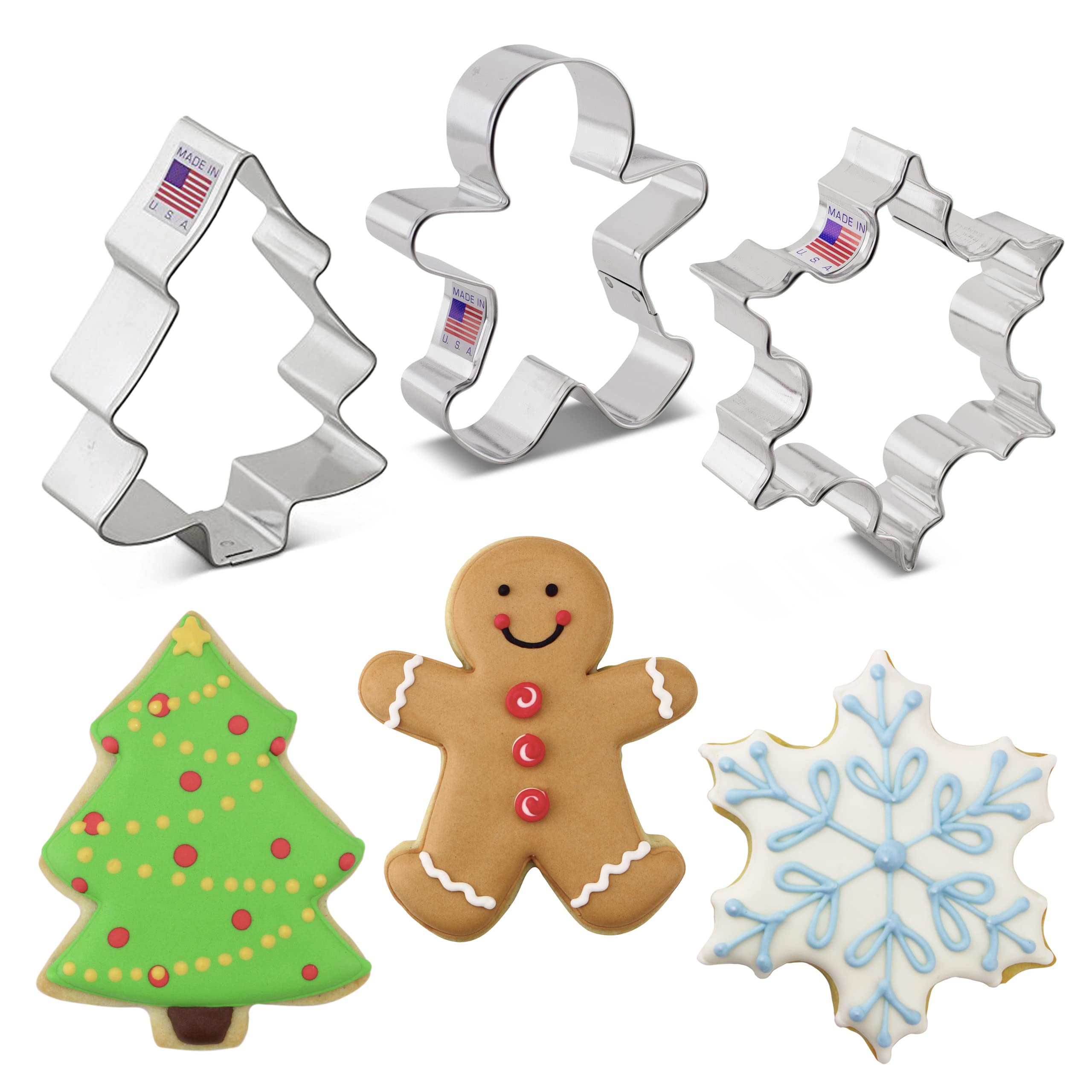 Christmas Cookie Cutters 3-Pc. Set Made in USA by Ann Clark, Snowflake, Gingerbread Man, Christmas Tree