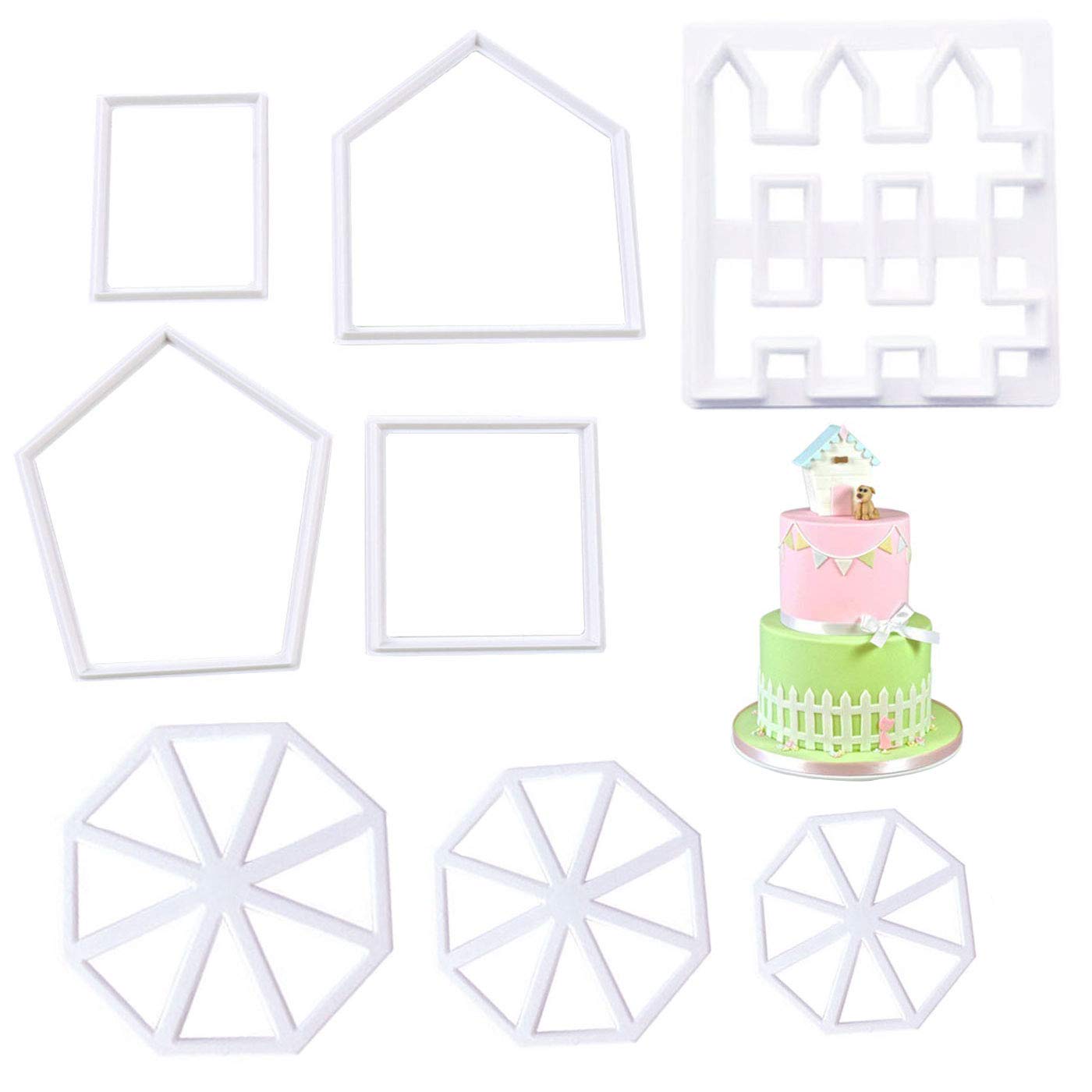 DaNaRaa Plastic Mini House Bamboo Fence Pennant Cookie Cutters Cakecup Decoration Fondant Molds Tools(8 Pieces)