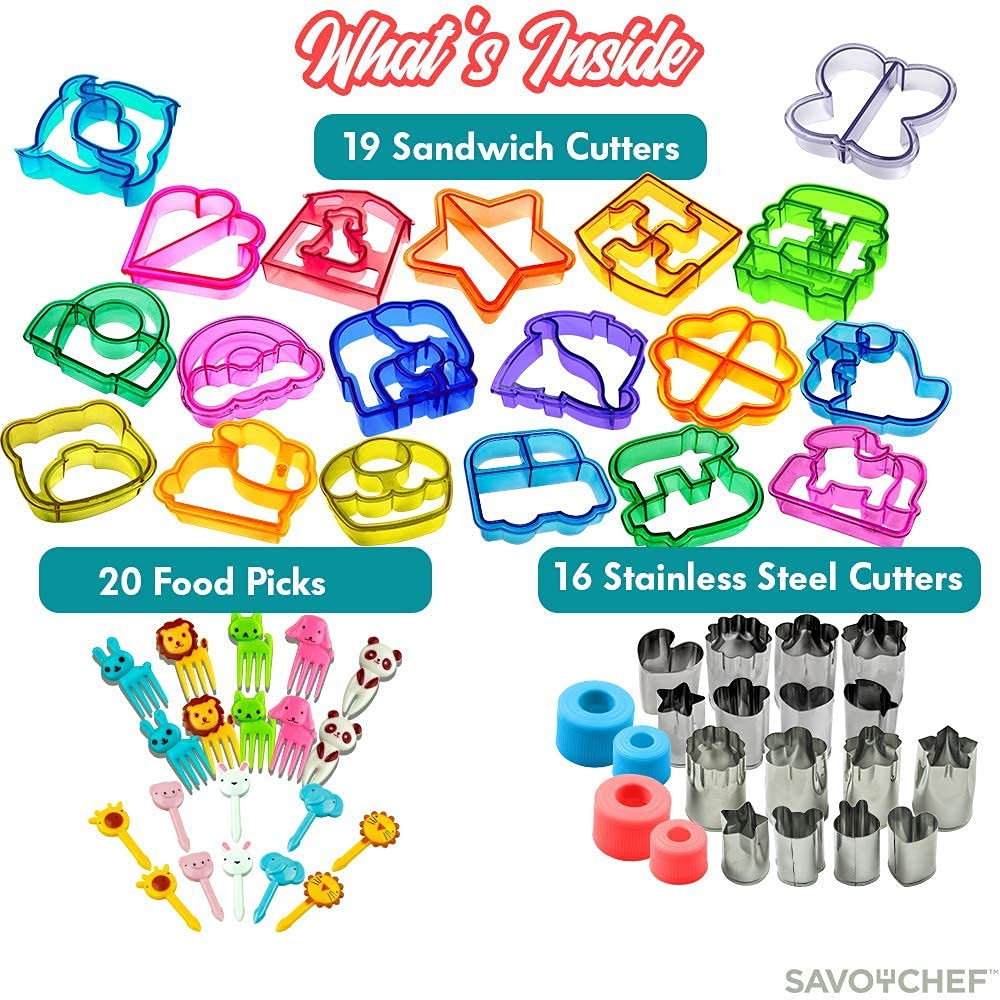 59pc Sandwich Cutters for Kids - Great for Toddler Lunch Box and Containers - Bento Box Accessories and Uncrustable sealer - For Boys and Girls Kids Lunch