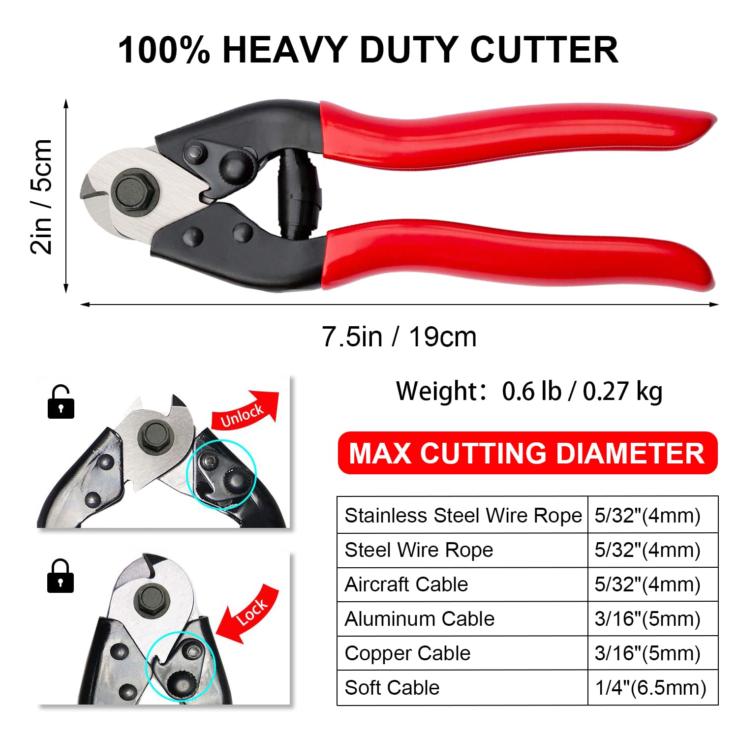 groword Bike Cable Cutter(7,5-inch) for DIY Projects, Railing, Decking, Wire Seals & Bicycle Cable Sharp & Precise One-Hand Operation Steel Cable Cutter, Heavy-Duty Wire Cutter & Wire Rope Cutter