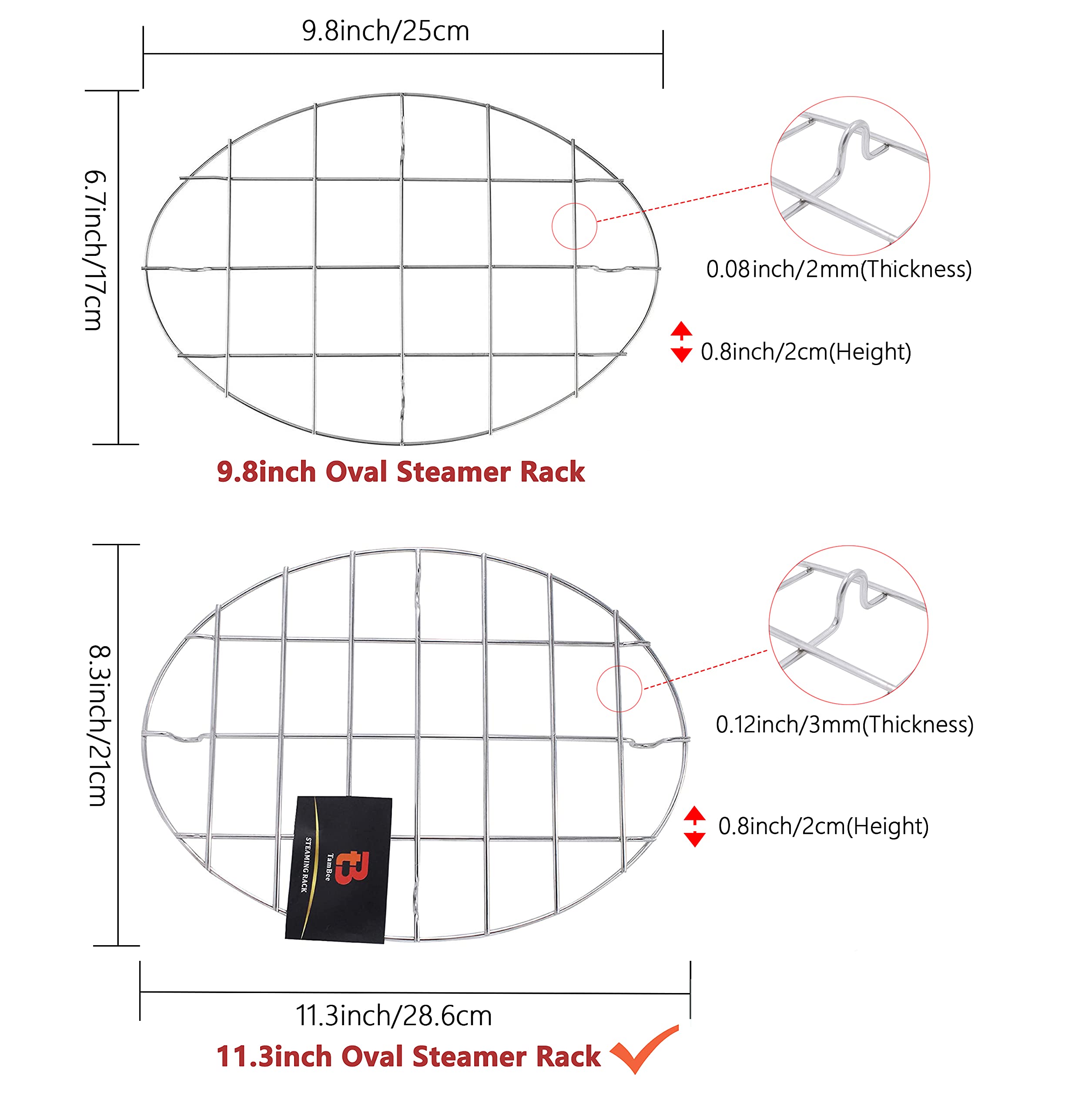 TamBee Wire Broiling Rack Roasting Rack Baking Rack Cooking Cooling For Oven Stainless Steel Oval Steamer Rack Canning Rack Cookie Roasting 11.3"x 8.3"x 0.8" 2PCS