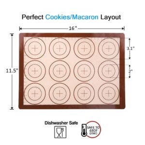 YORLFE Silicone Baking Mat Set, 3 Pack Non-Stick Silicon Liner for Bake Pans & Rolling with Measurements, Heat Resistant Cookie Sheets for Macaroon/Pastry, 16" x 11.5", Brown)