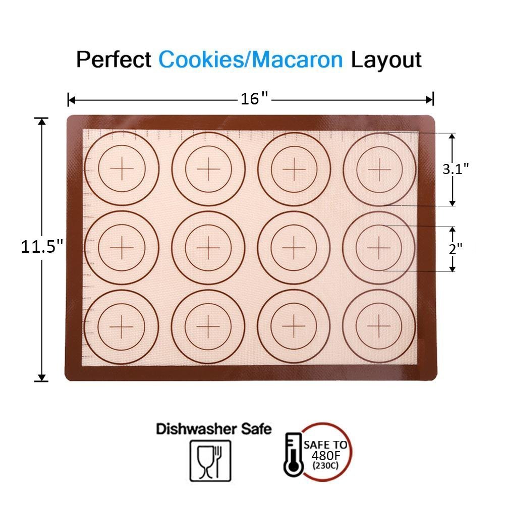 YORLFE Silicone Baking Mat Set, 3 Pack Non-Stick Silicon Liner for Bake Pans & Rolling with Measurements, Heat Resistant Cookie Sheets for Macaroon/Pastry, 16" x 11.5", Brown)