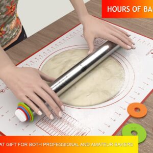 Rolling Pin And Silicone Baking Pastry Mat Set - Rolling Pins With Adjustable Thickness Rings - Stainless Steel Dough Roller For Baking Fondant, Pizza, Pie, Pastry, Pasta, Cookies With Red Mat