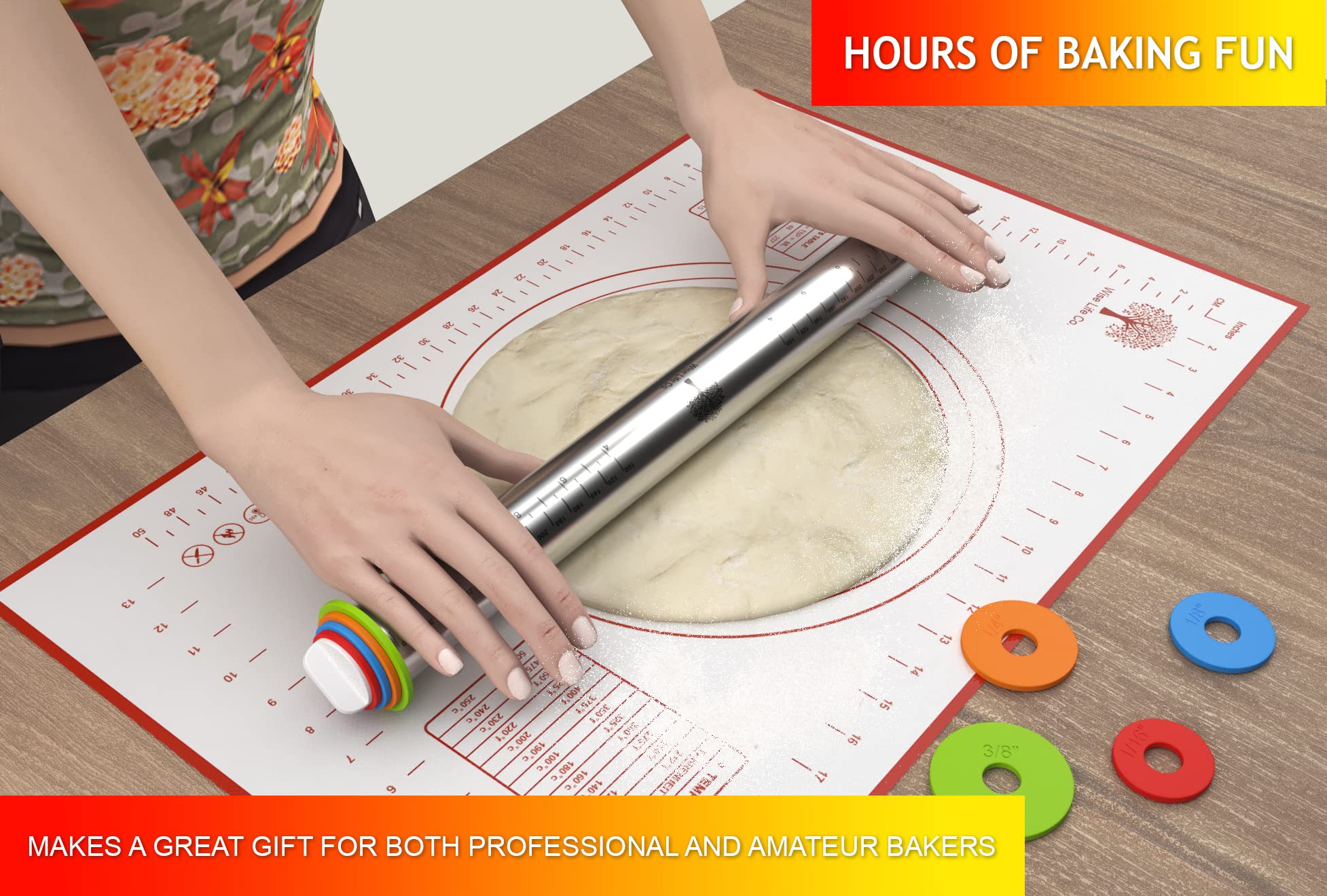 Rolling Pin And Silicone Baking Pastry Mat Set - Rolling Pins With Adjustable Thickness Rings - Stainless Steel Dough Roller For Baking Fondant, Pizza, Pie, Pastry, Pasta, Cookies With Red Mat