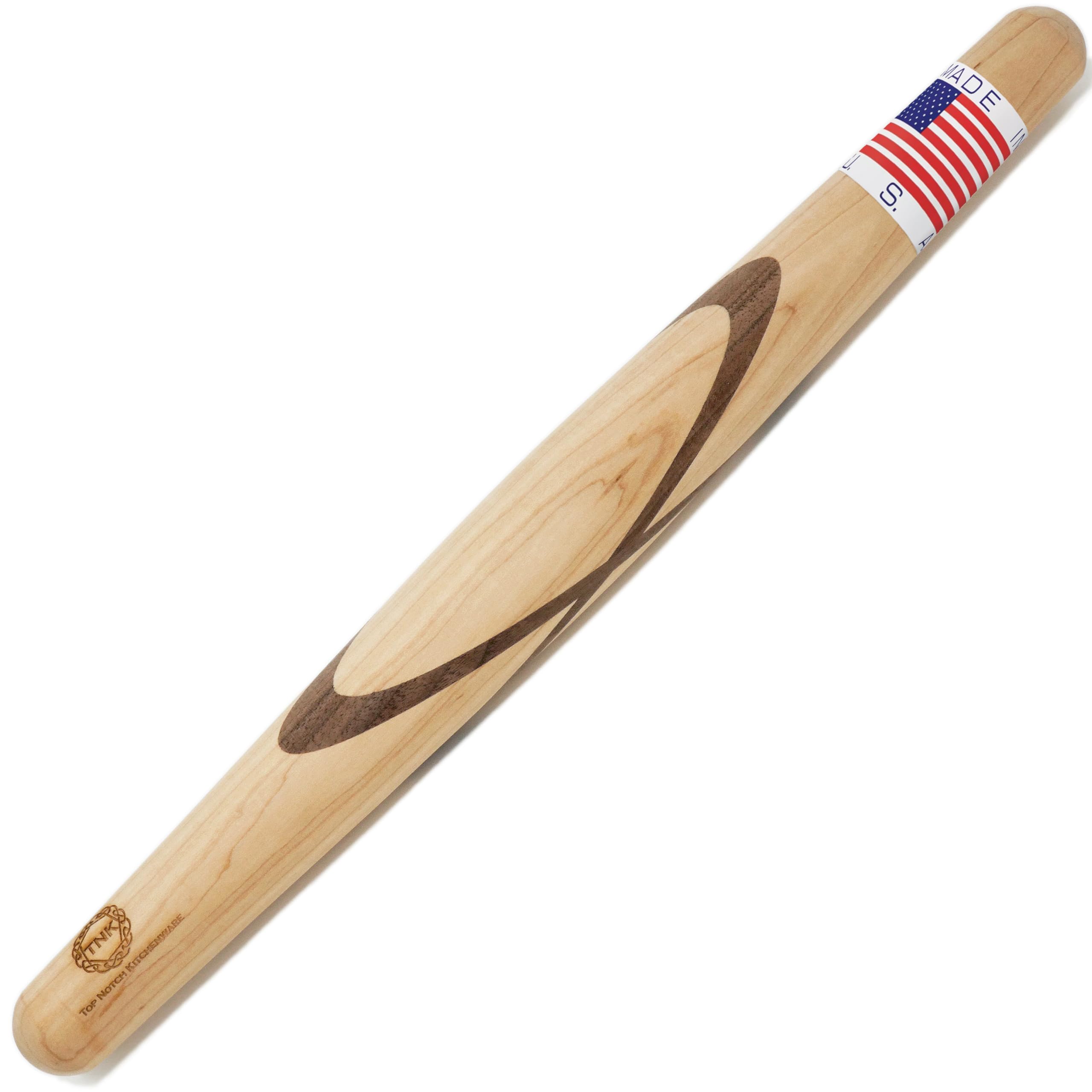 Sugar Maple with Black Walnut Celtic Knot French Style Rolling Pin: Tapered Solid Wood Design. Hand Crafted in the USA