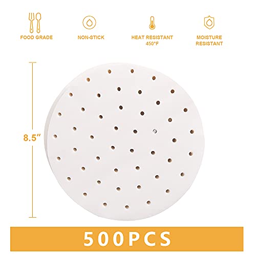 CHANGLE 500 Pcs Air Fryer Parchment Paper,8.5 Inches Bamboo Steamer Liners, Premium Perforated Parchment Steaming Papers, Non-Stick Steamer Mat, for Air Fryer, Steaming Basket, Pans, Dumplings.