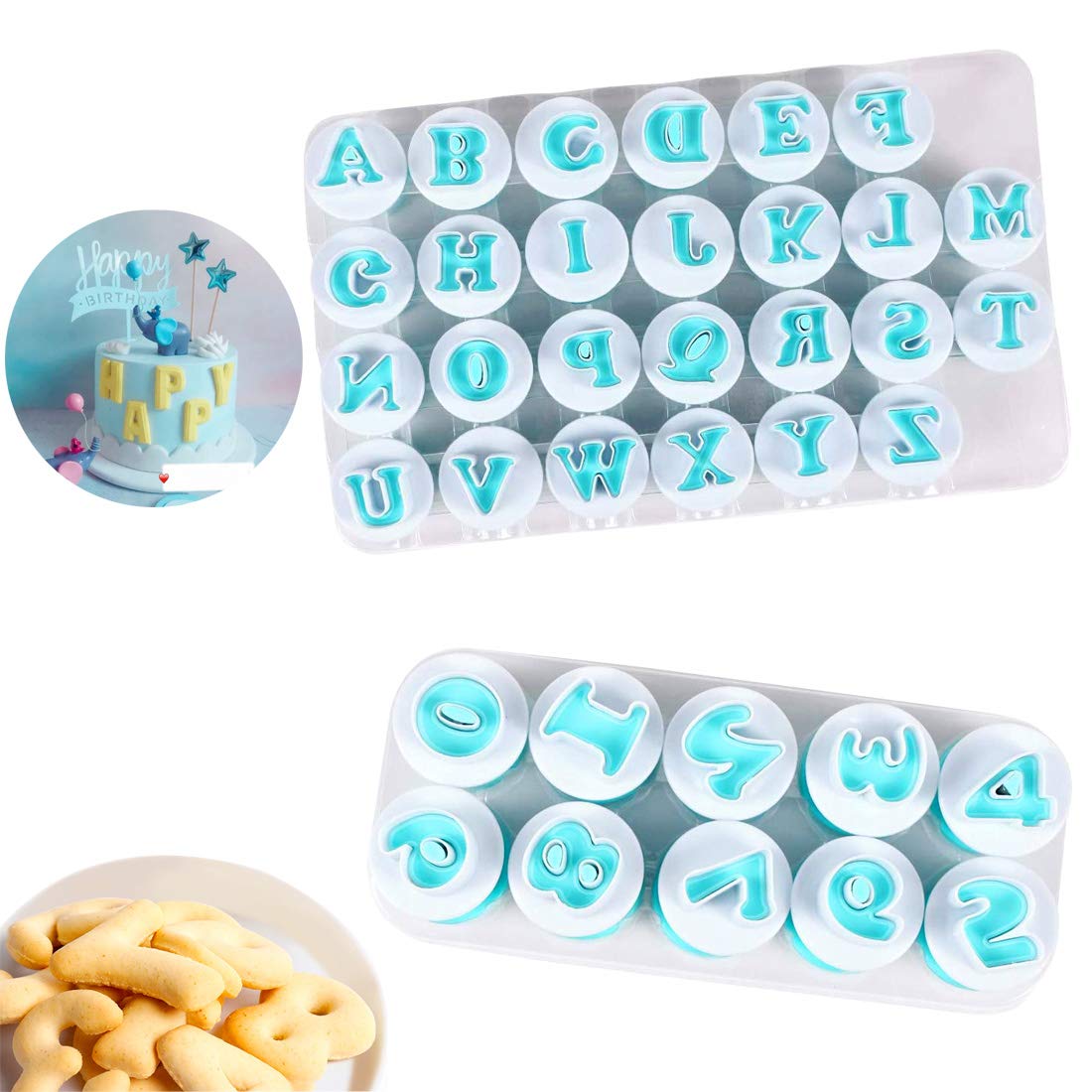 ALLRI 36Pcs Numbers Plunger Letters for Fondant Cookie Stamp Impress Mini Plastic Alphabet Fondant Cake Biscuit Alphabet Plunger Set Alphabet Letters for Cakes Upper Case Letter DIY Fondant Cake