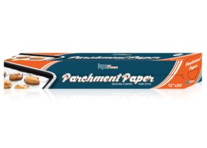 party bargains 12 inch x 50 feet parchment paper roll - 1 pack non-stick baking parchment sheet, silicone coated baking paper, perfect for air fryer liners, baking, roasting, cake, and pizzas