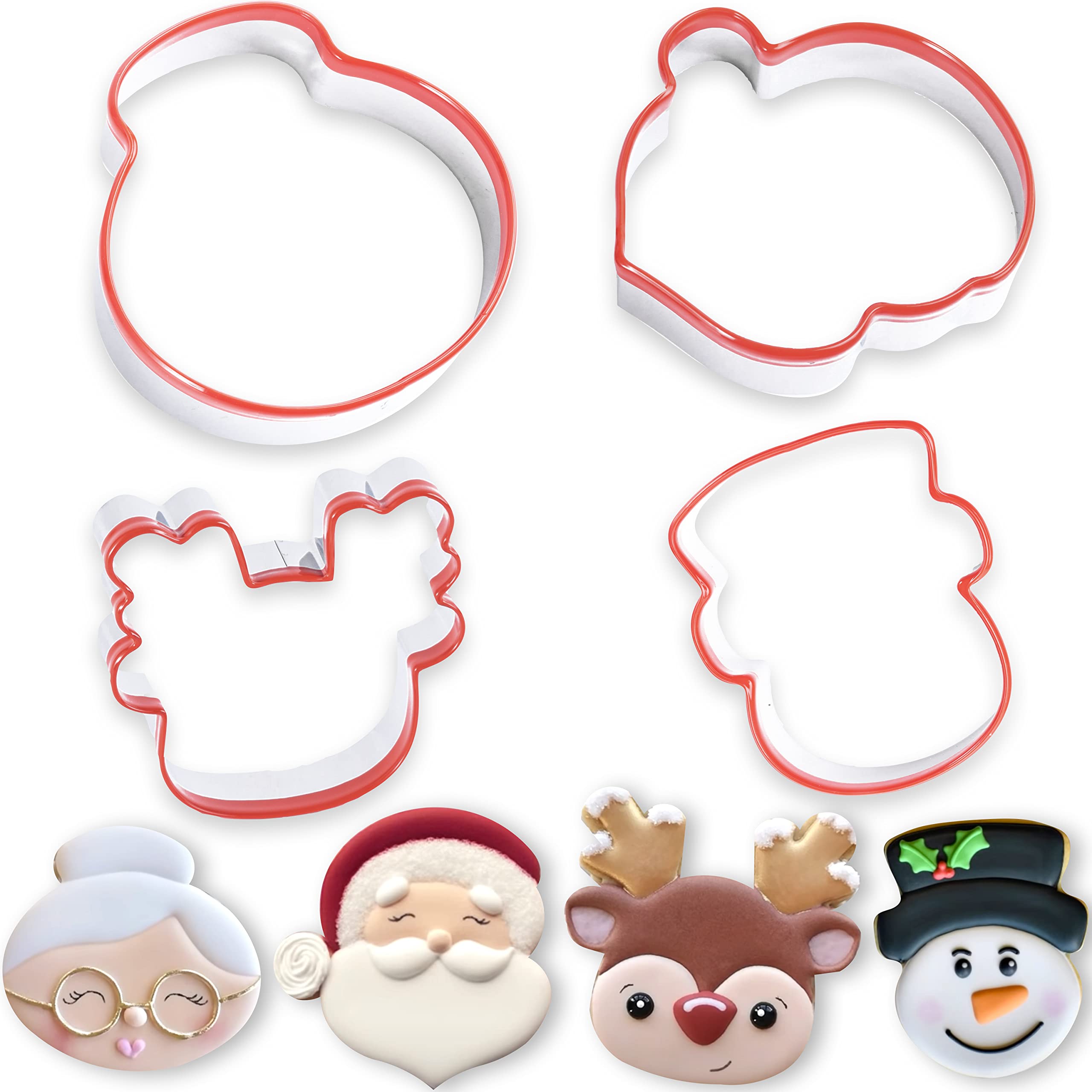 COOKIEQUE 4 Pieces Christmas Cookie Cutters Set with Santa Face, Reindeer Face, Snowman Face, Mrs. Claus Cookie Cutters for Baking Christmas Unique Design with Protective Red Top PVC