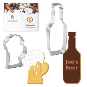 bottoms up cookie cutter 2 pc set – beer bottle and beer mug cookie cutters hand made in the usa from tin plated steel